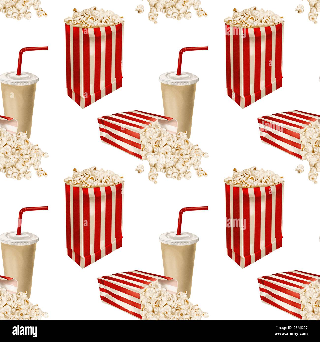 Popcorn in bags and boxes. scatters in different directions. drinks in ...