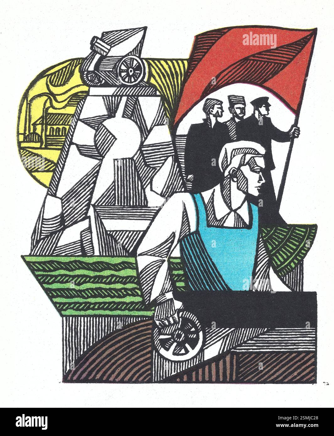 Factory worker, labor, guns. A colorful Brutalist, Socialist style ...