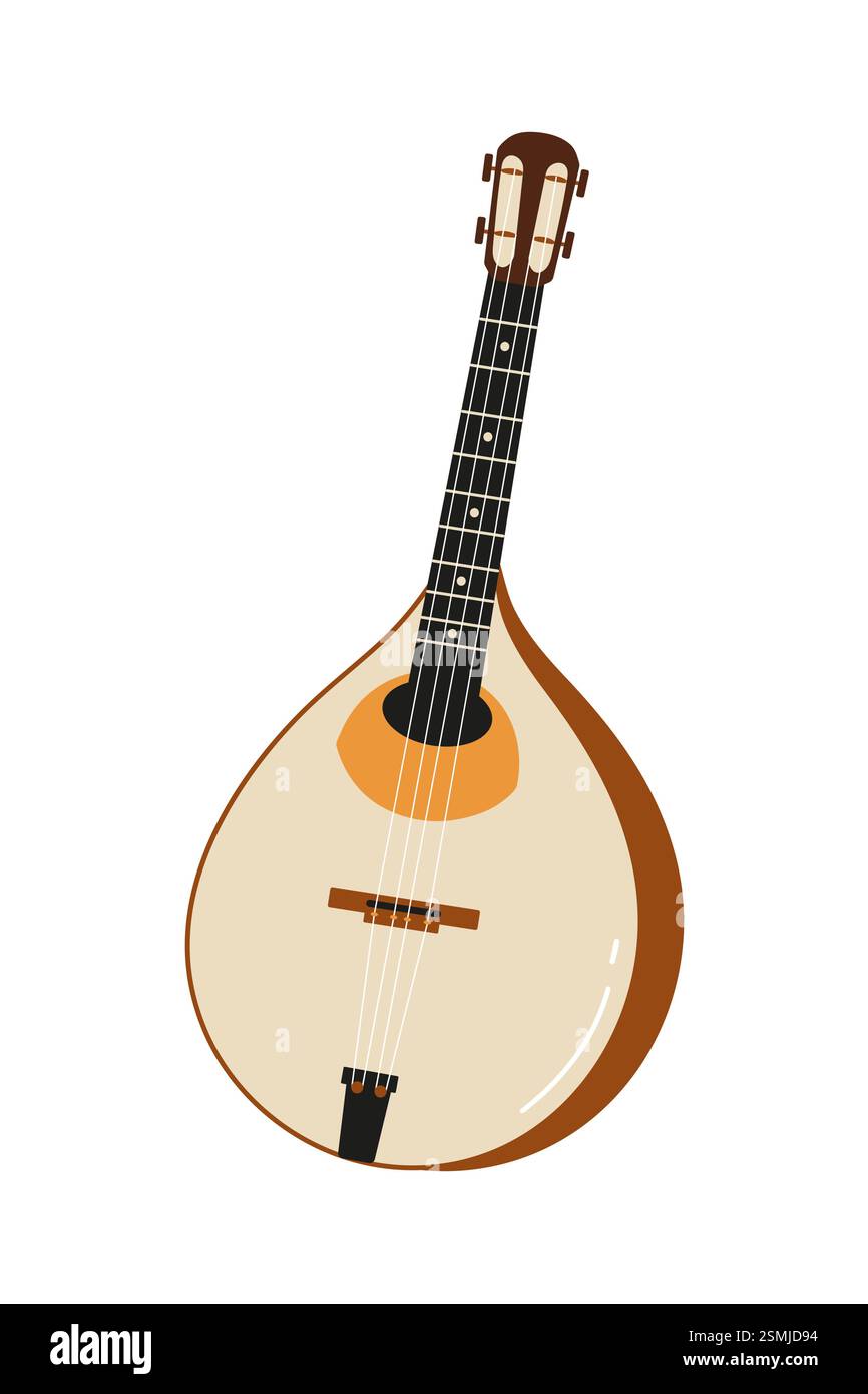 Mandolin with curved body and six strings displayed against a white ...