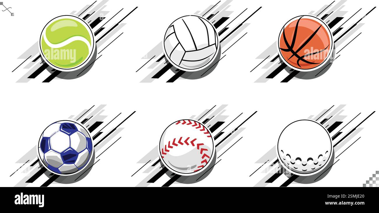 six sports balls—tennis, volleyball, basketball, soccer, baseball ...