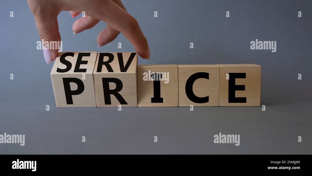Service and price symbol. Hand turns a cube and changes the word ...