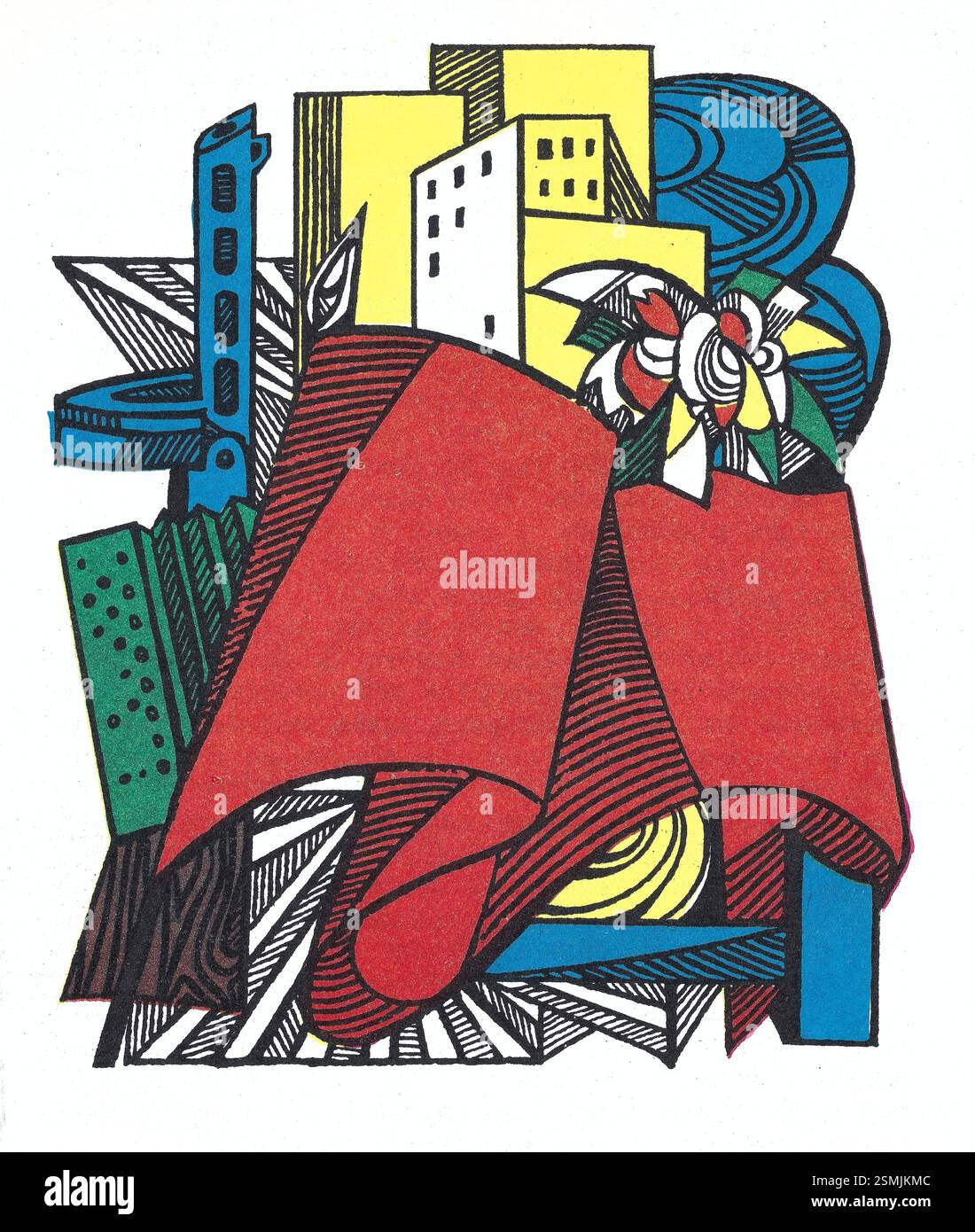 A machine gun, flag, city. A colorful Brutalist, Socialist style ...