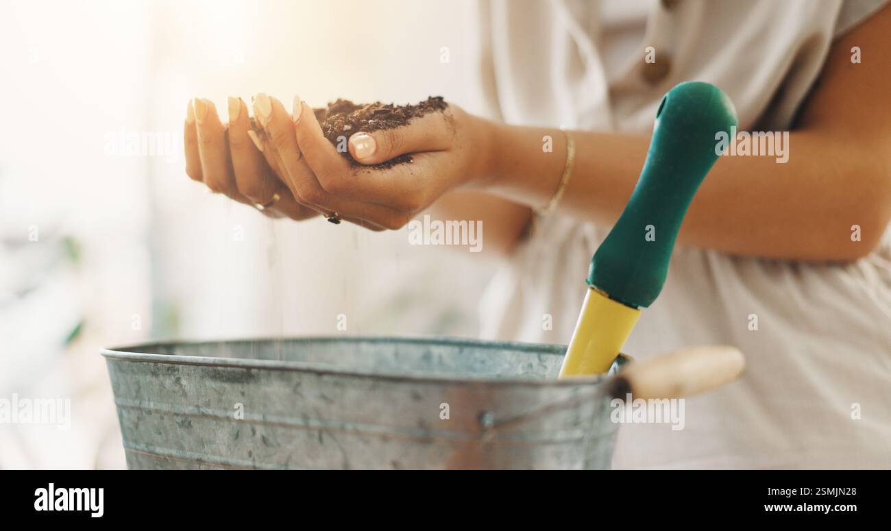 Soil, environment and bucket with hands or woman for plant fertilizer ...