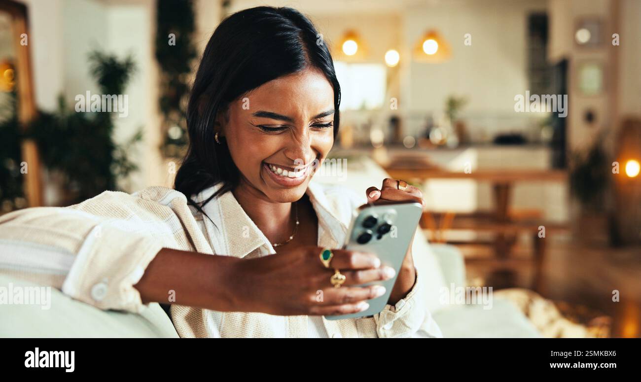 Woman, phone and laughing with texting in home, chat and funny meme on ...