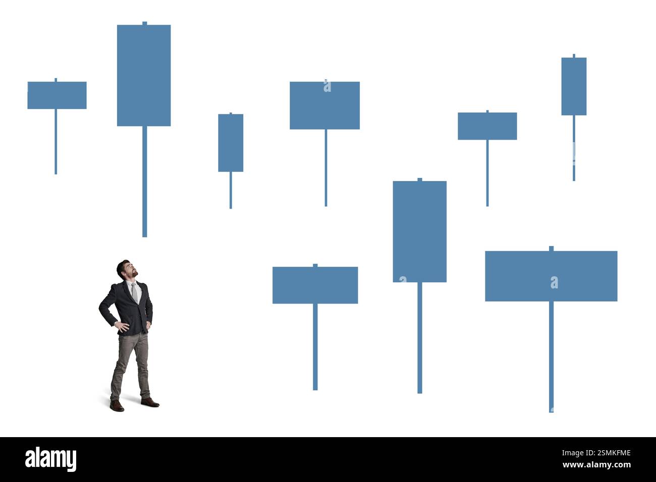 Stock market, white background or man with candlestick for investment ...