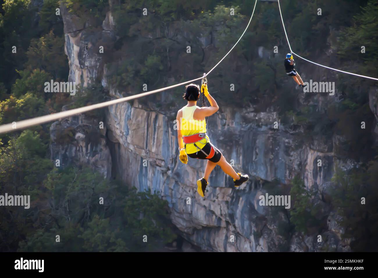 Zipline in the forest. Beautiful view from zip line. Riding on a zip ...