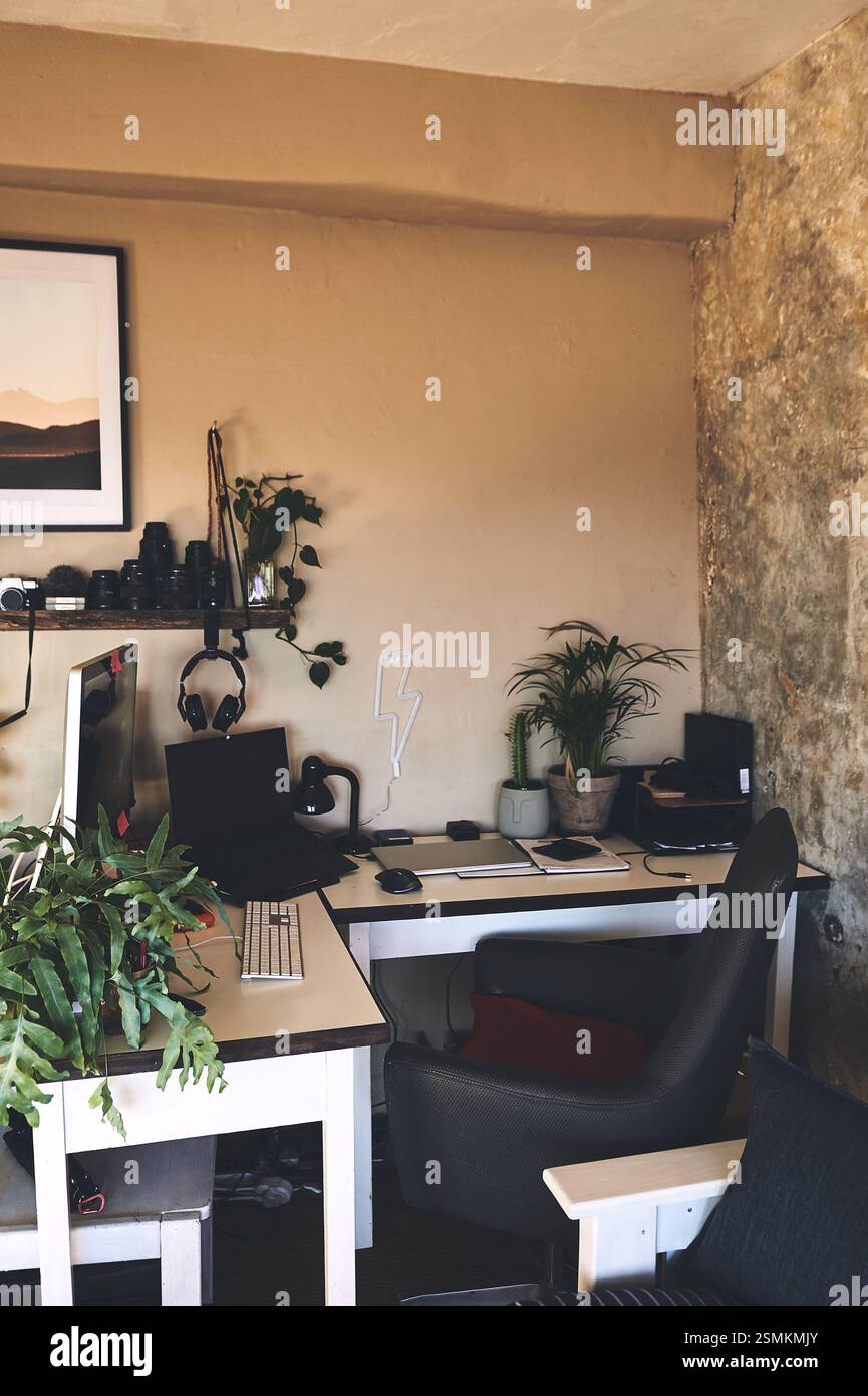 Empty, workstation and tech on furniture, interior and equipment for ...