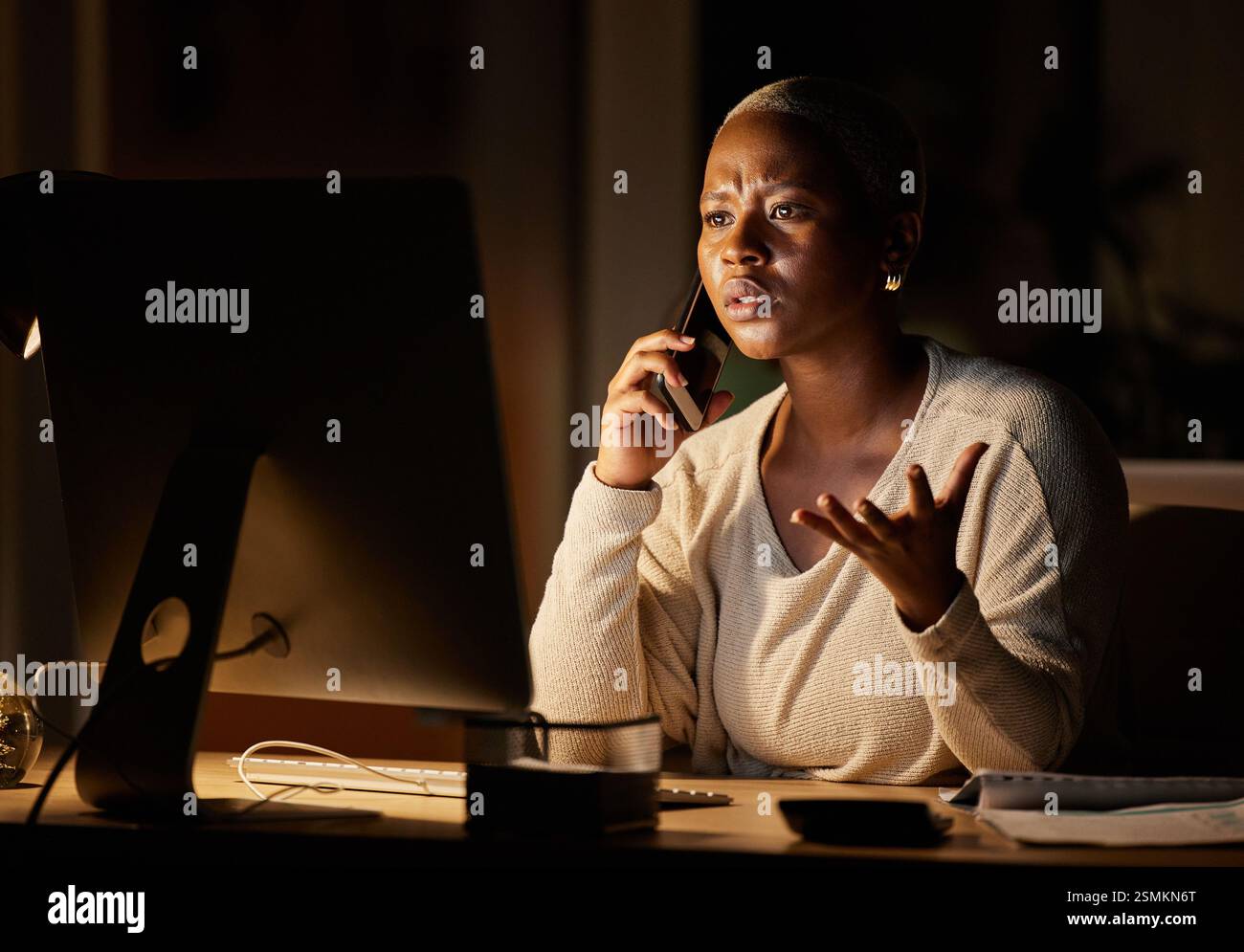 Office, computer and black woman with stress for phone call ...
