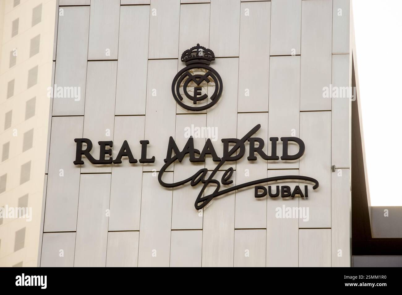 Real Madrid Cafe Dubai. A sign for a sports bar or restaurant franchise ...