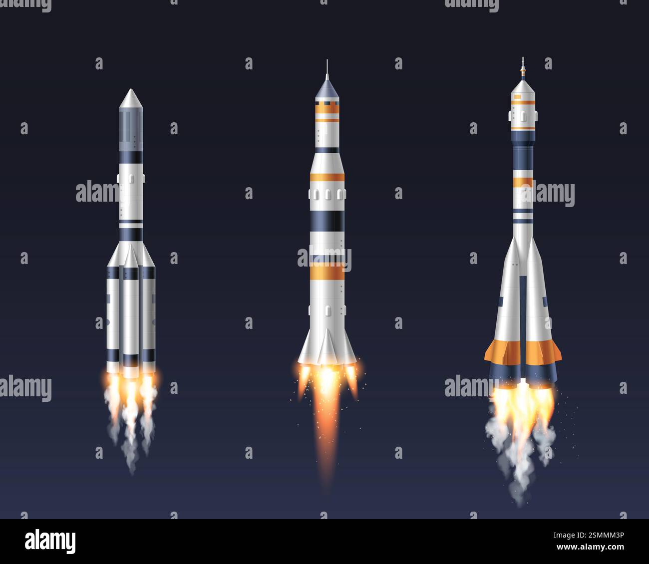Realistic space rocket set of launching spaceships with burning engines and smoke trails on dark ...