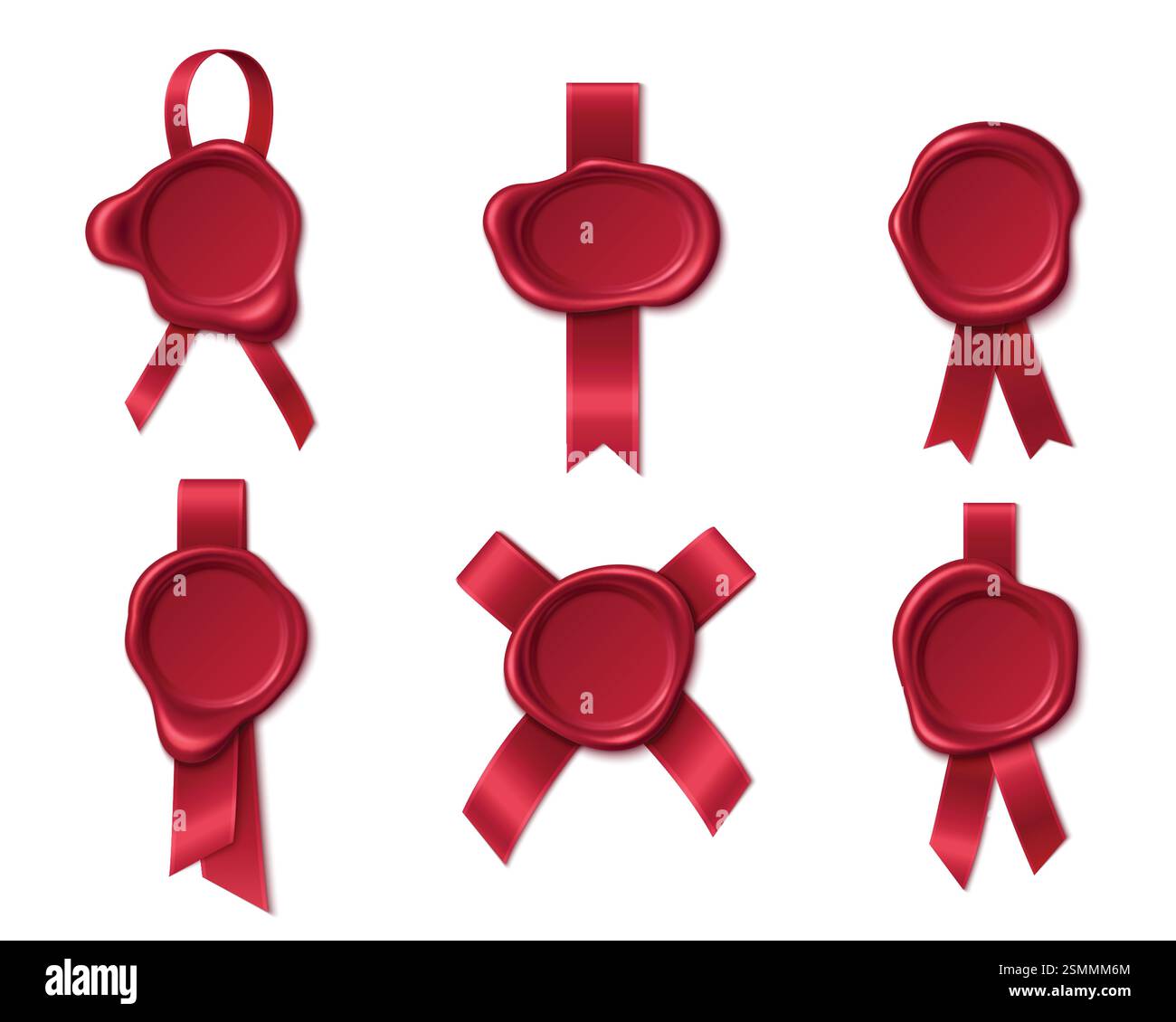 Red wax seals collection with satin ribbons in different shapes ...