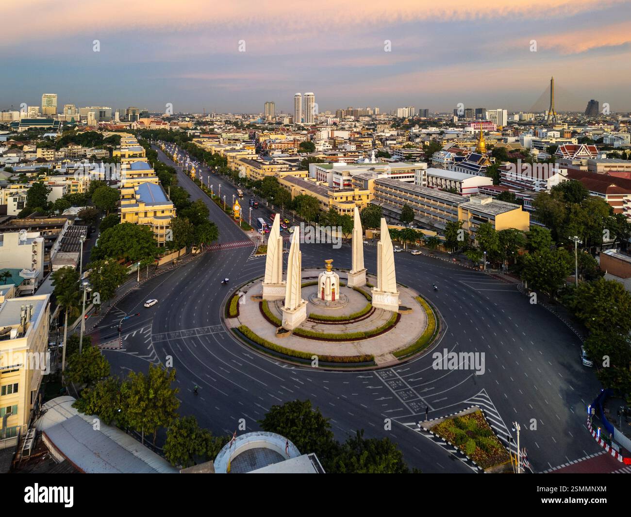 Aerial view of Democracy monument, a roundabout, with cars on busy ...
