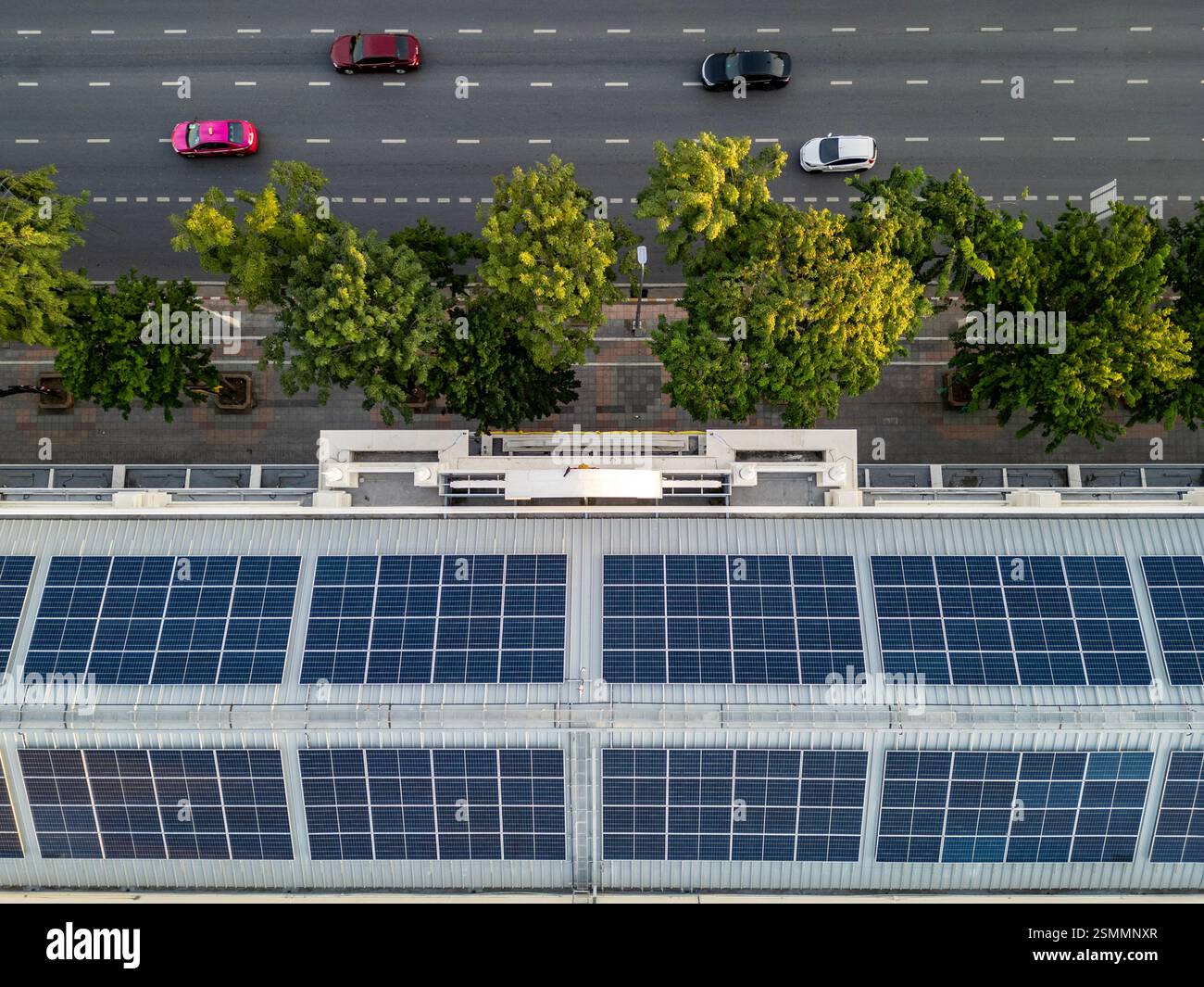 Aerial top view of blue solar photo voltaic panels system on the large ...