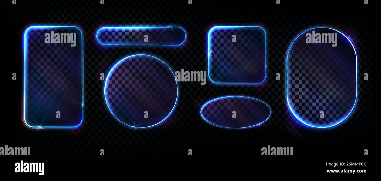 Neon light frames set with glowing blue borders on transparent ...