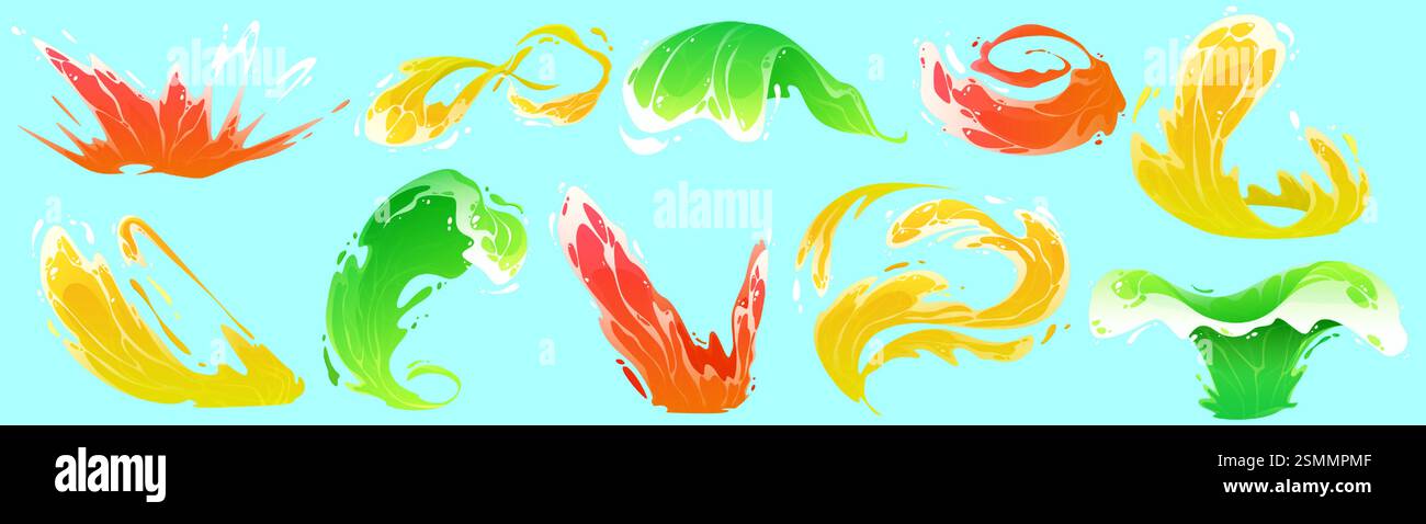 Fruit juice splashes set isolated on background. Vector cartoon ...