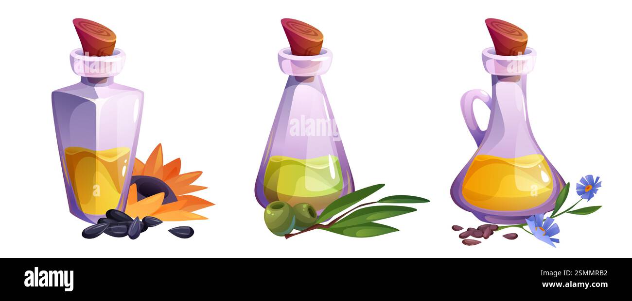 Glass bottles set with different oil types - sunflower with seeds ...
