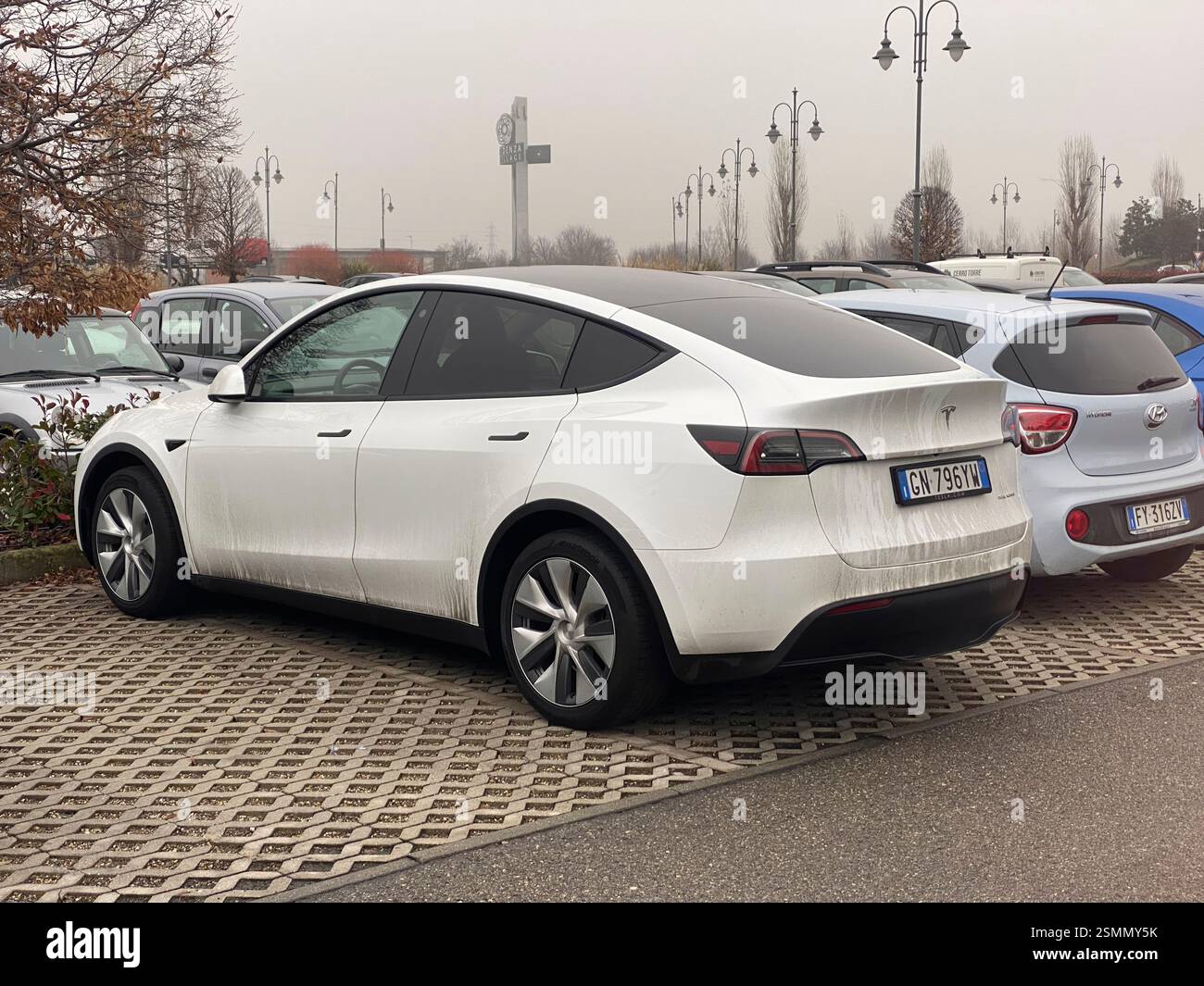 Cremona, Italy - January 15th 2025 Rear view of a white Tesla Model Y ...