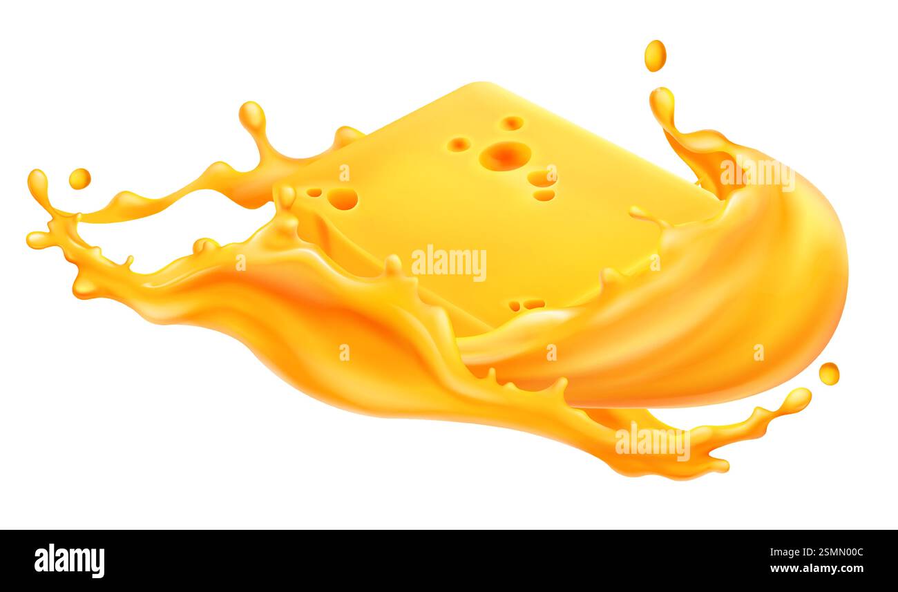 Cheese block with melted liquid splash in dynamic motion with orange color, droplets and waves ...