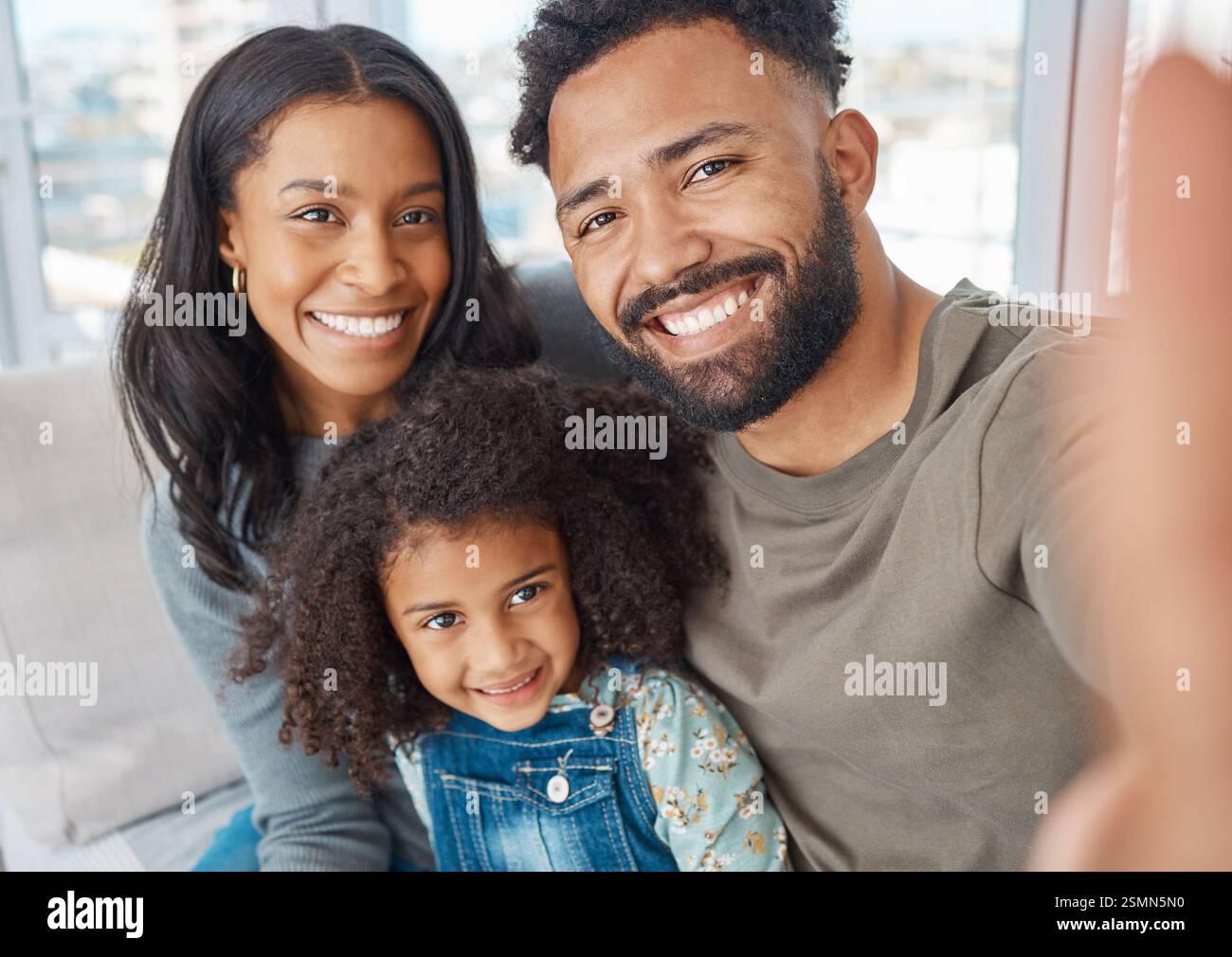 Selfie, happy and portrait of parents with child for memories, profile ...
