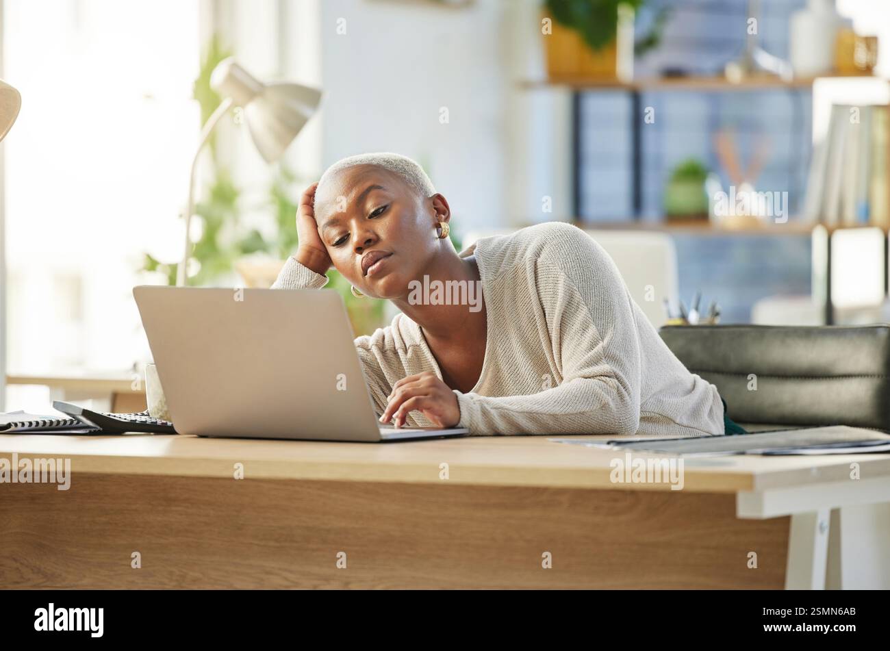 Tired, business and black woman with laptop, stress and overworked with ...