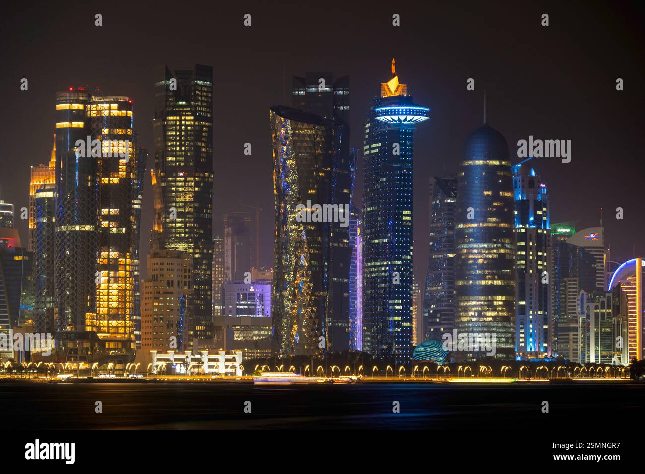 Doha, Qatar - February 12, 2025: Panoramic Doha Skyline night view ...