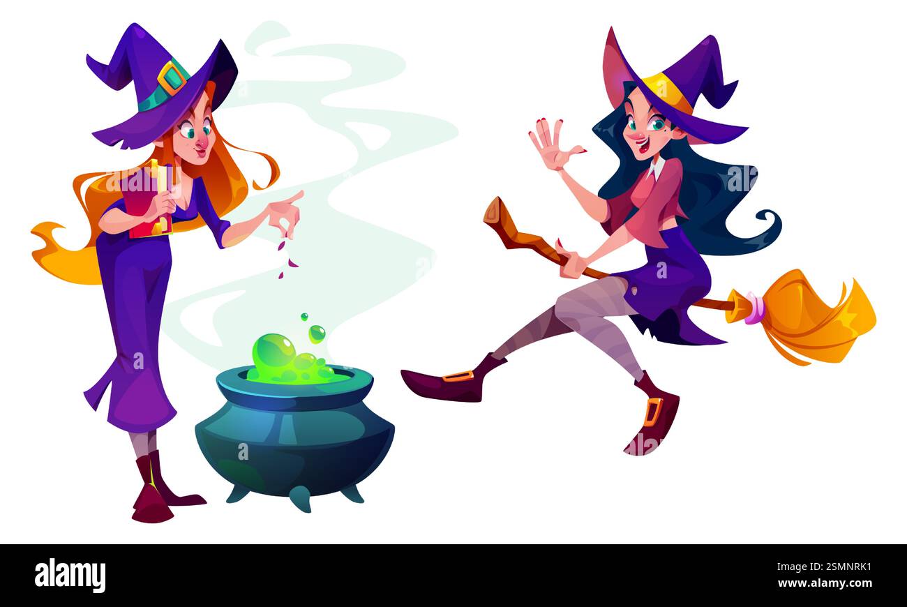 Funny witch characters set isolated on white background. Vector cartoon ...