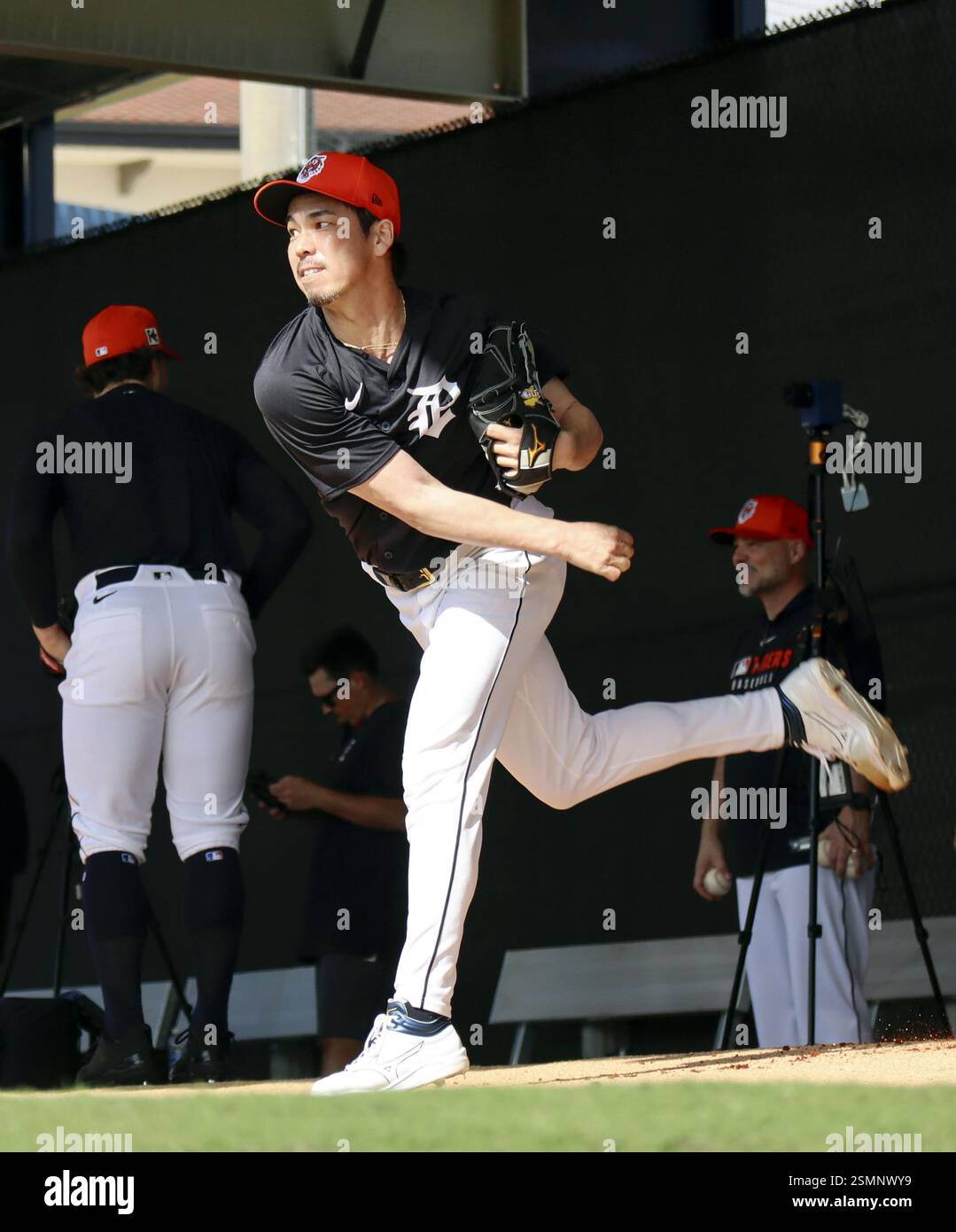 Detroit Tigers pitcher Kenta Maeda throws a bullpen session at the team ...