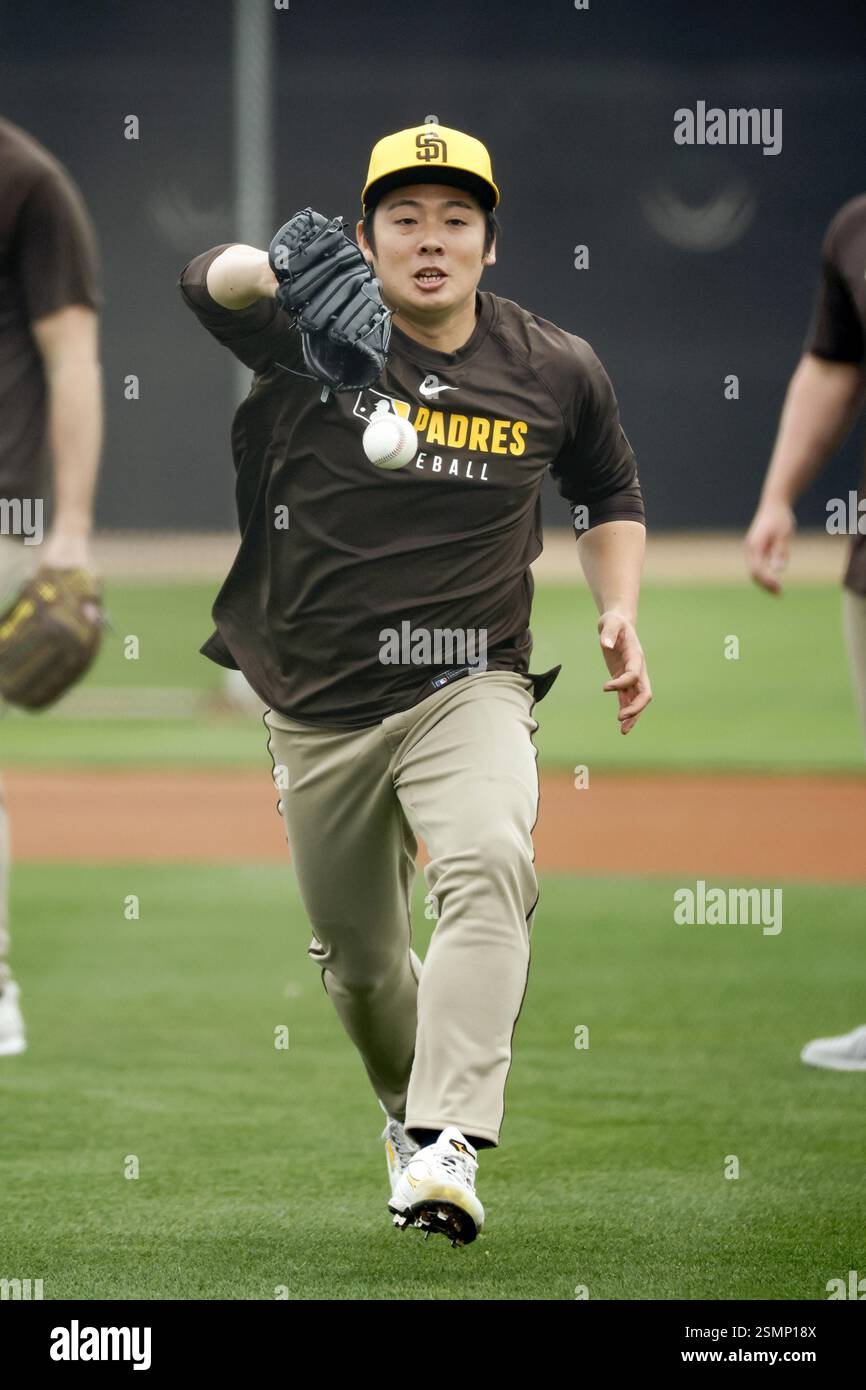 San Diego Padres pitcher Yuki Matsui takes fielding practice at the ...