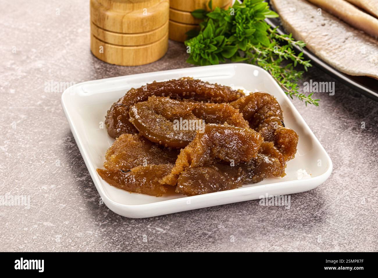 Salted Herring roe snack in the plate Stock Photo - Alamy