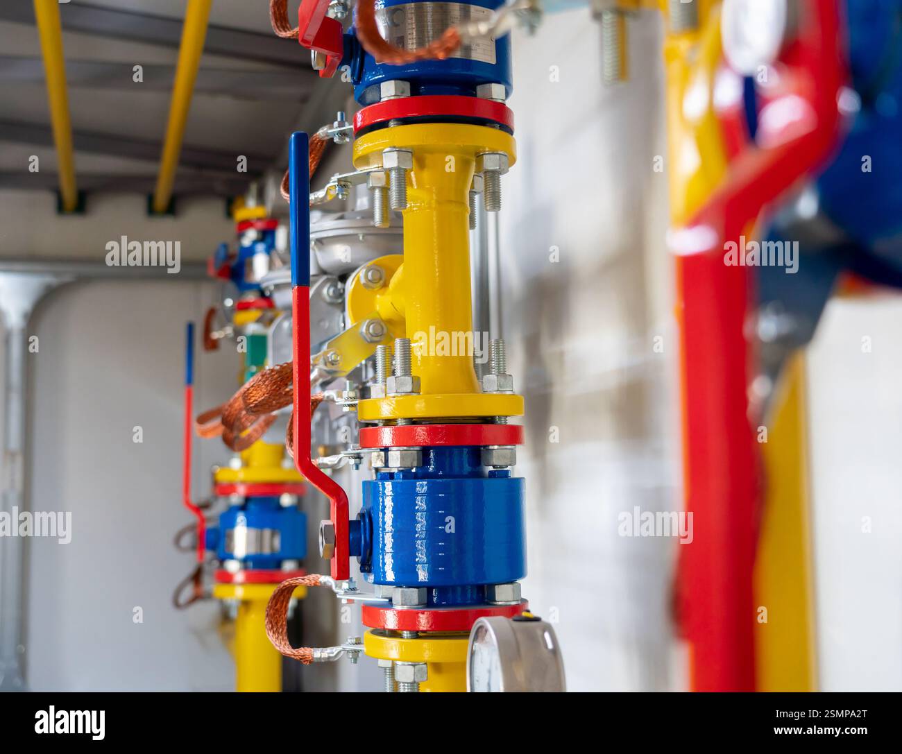 Natural gas piping system with vibrant valves showcasing engineering ...