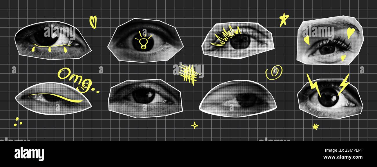 Collage eyes with cutout shape and doodle elements. Dotted pop art ...