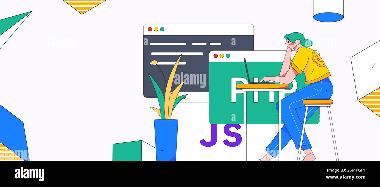 Programming teaching development flat character vector concept operation hand drawn illustration ...