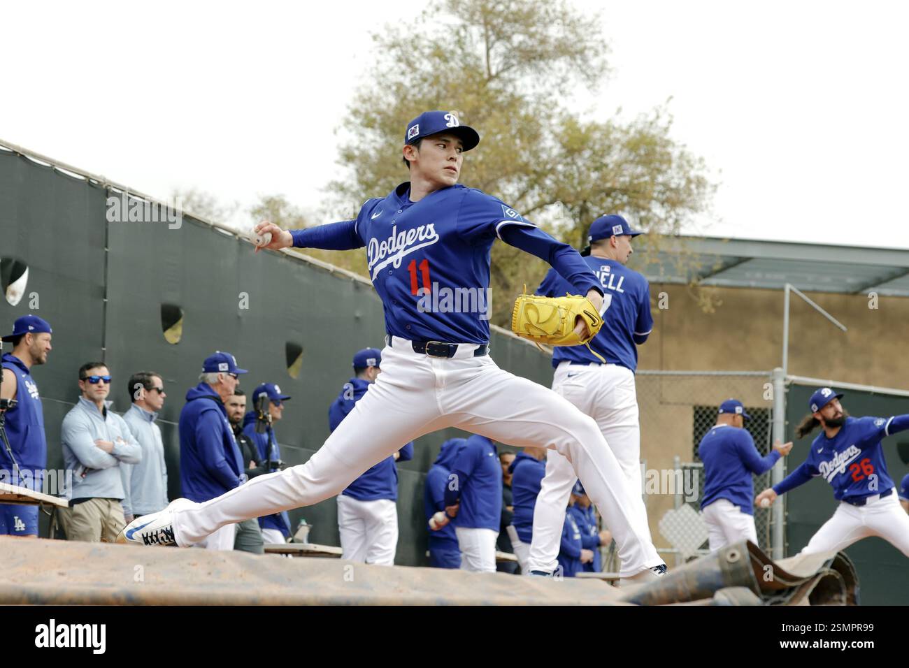 Los Angeles Dodgers rookie pitcher Roki Sasaki throws a bullpen session ...