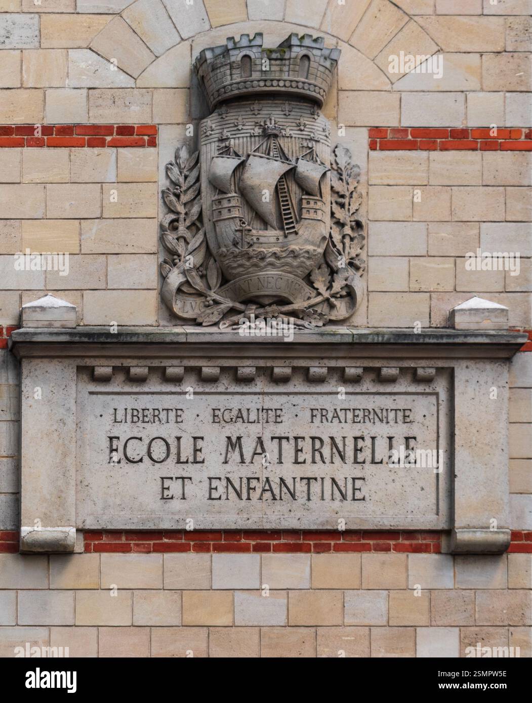 Paris, France - 02 09 2025 : facade of a "nursery school" with the ...