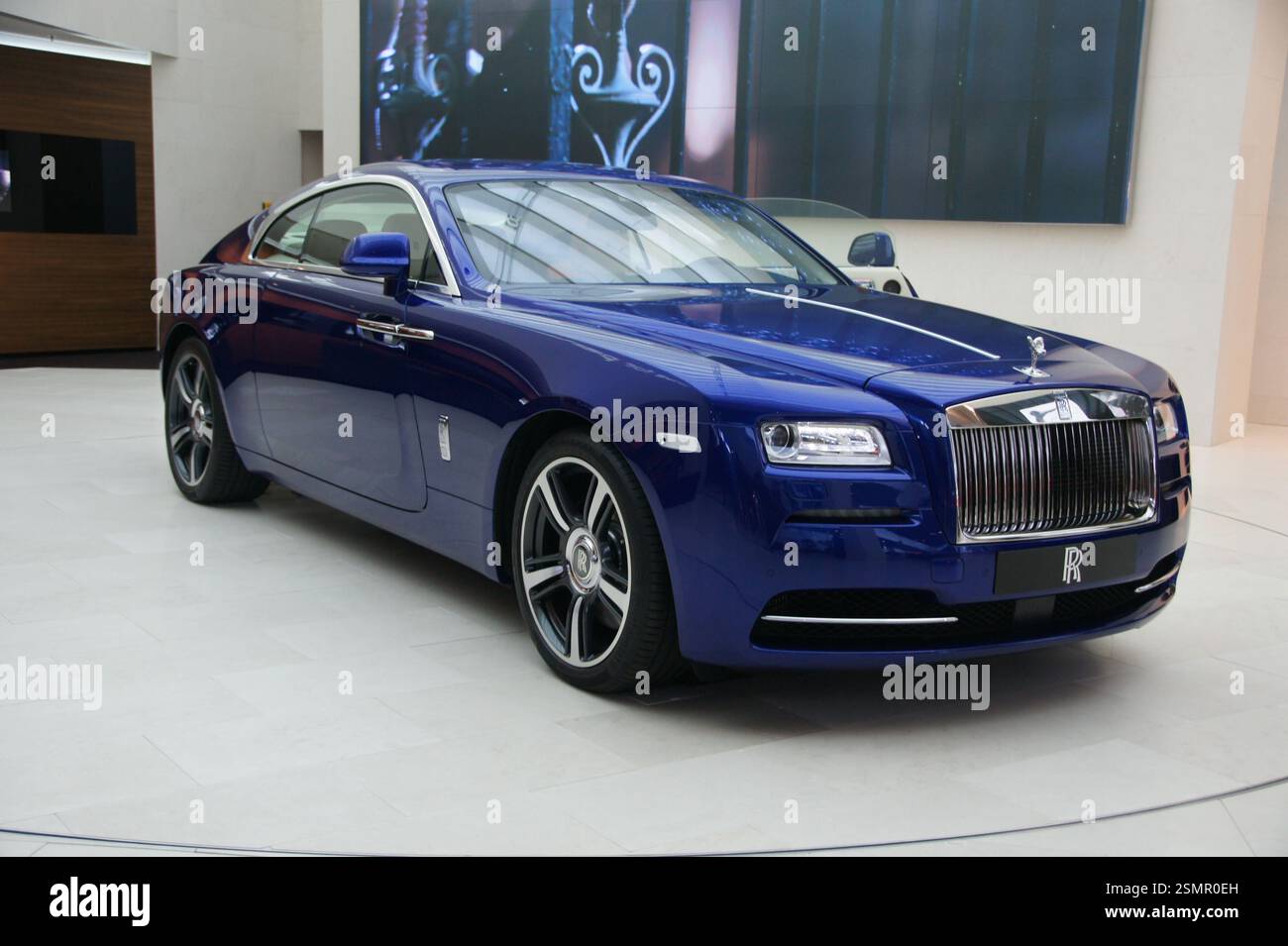 Germany, Munich. A blue Rolls-Royce Wraith, a powerful and luxurious ...