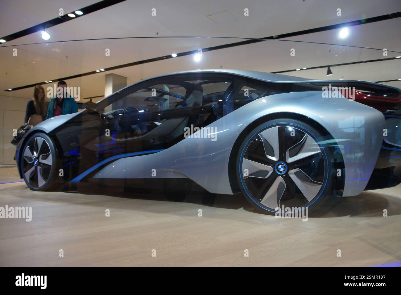 A futuristic design car, the blue BMW i8 concept car is on display at a ...