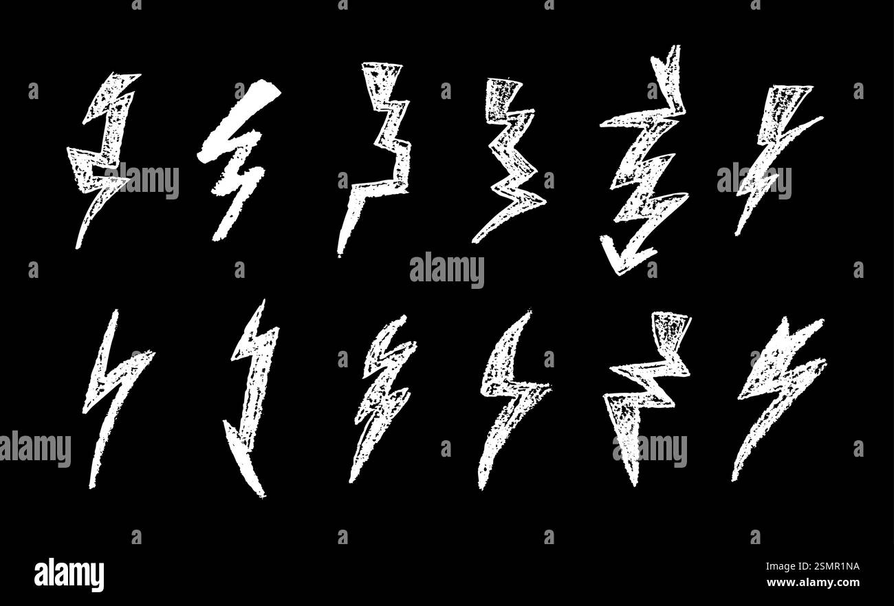 Set of lightning by wax pen drawing. Collection of handdrawing chalk ...
