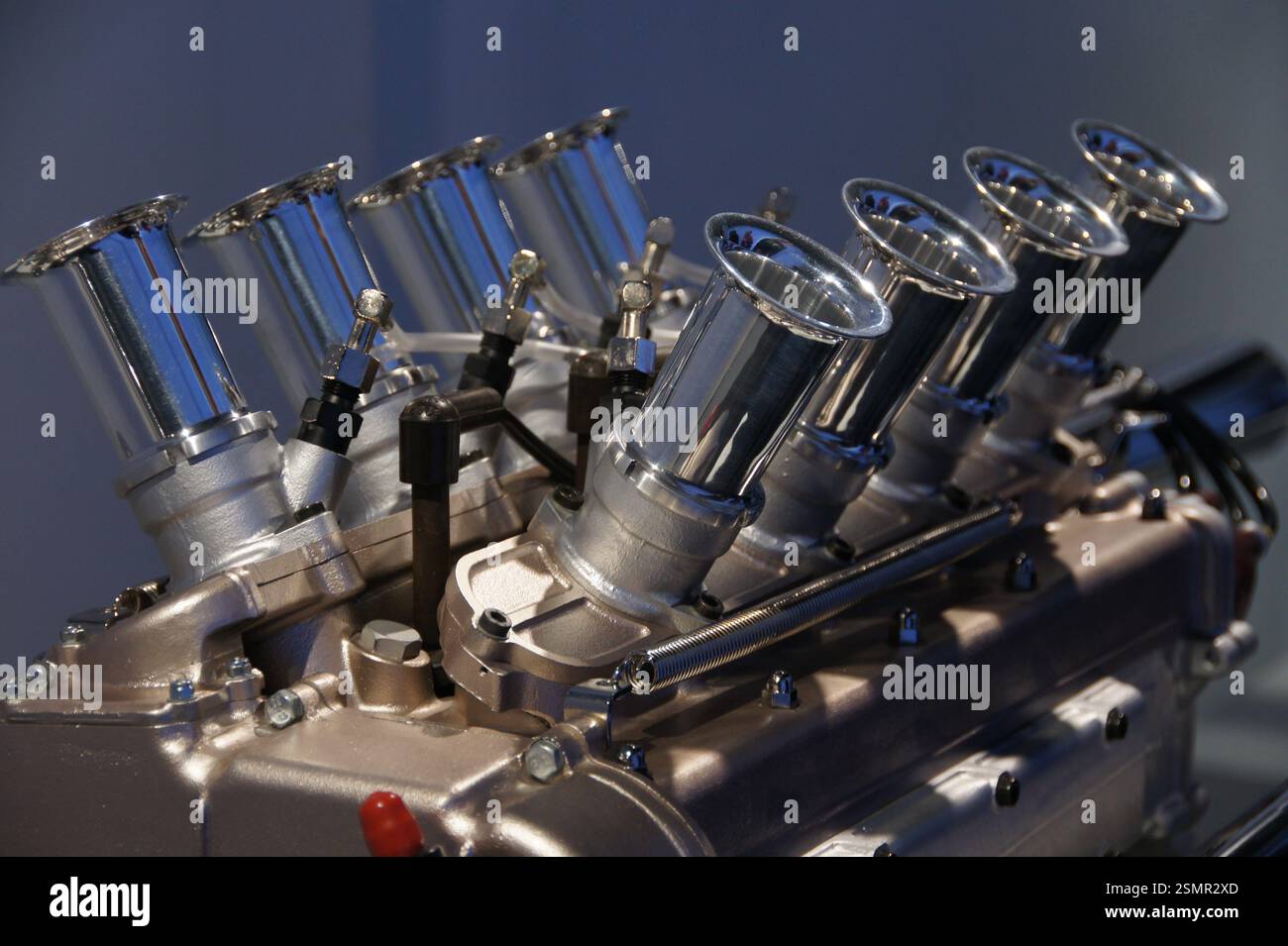 A close-up of a high-performance car engine in Germany, Munich with six ...