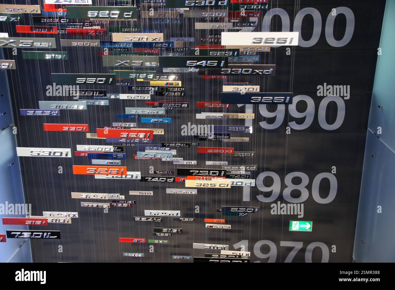 A wall filled with vintage car dealership signs and license plates. A ...