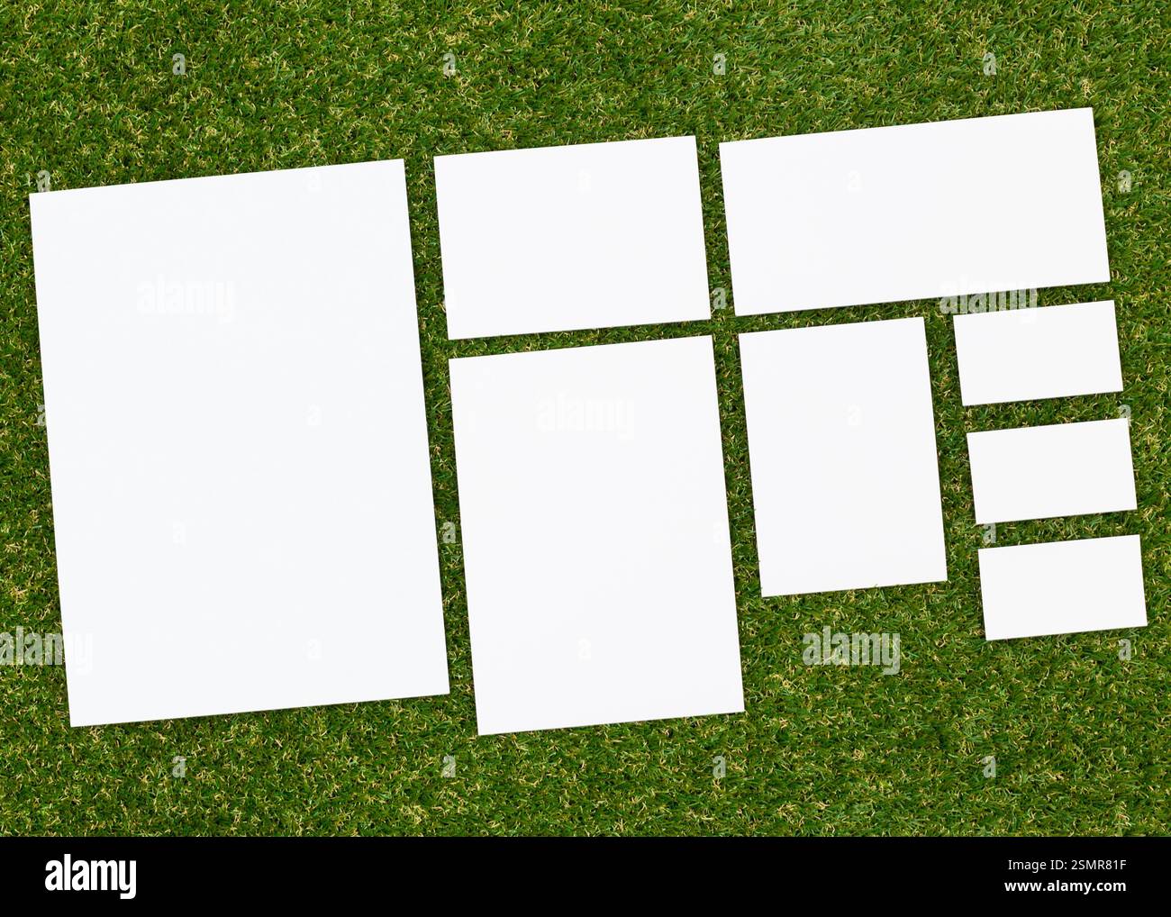 Various blank sheets of paper arranged on grass during daylight hours ...