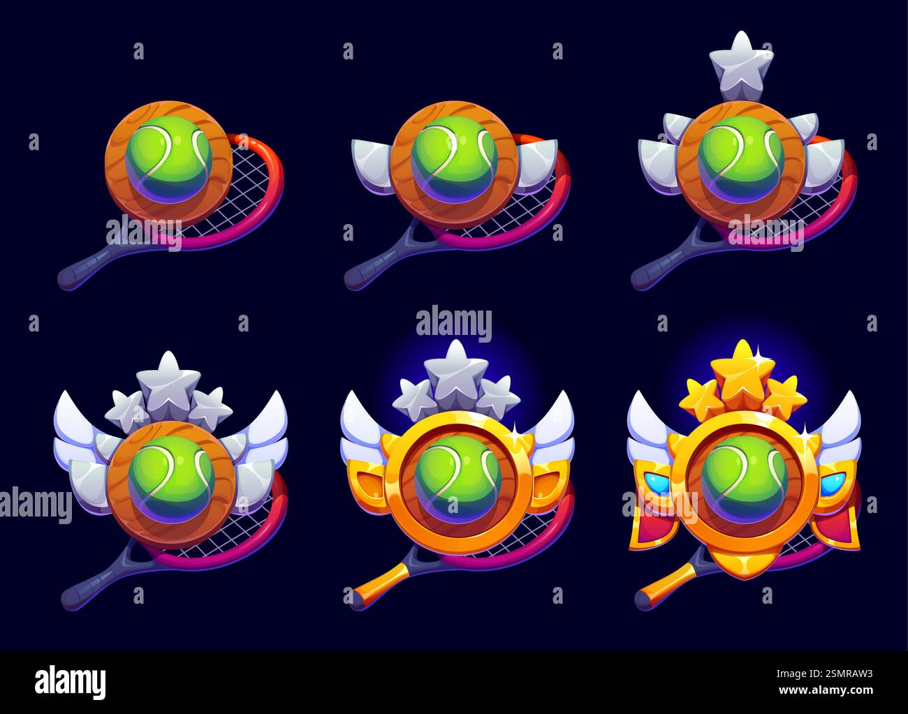 Tennis game rank badge, sport level medal, award icons with ball ...