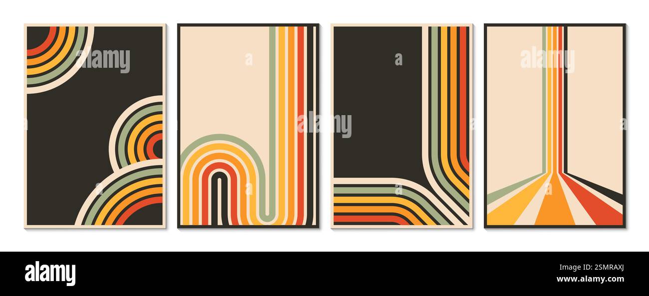 Vintage road stripe line posters, 70s 80s retro funky rainbow shape ...