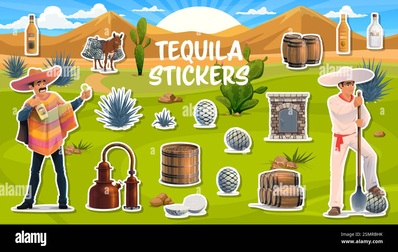 Mexican agave and tequila production stickers pack, vector mezcal ...