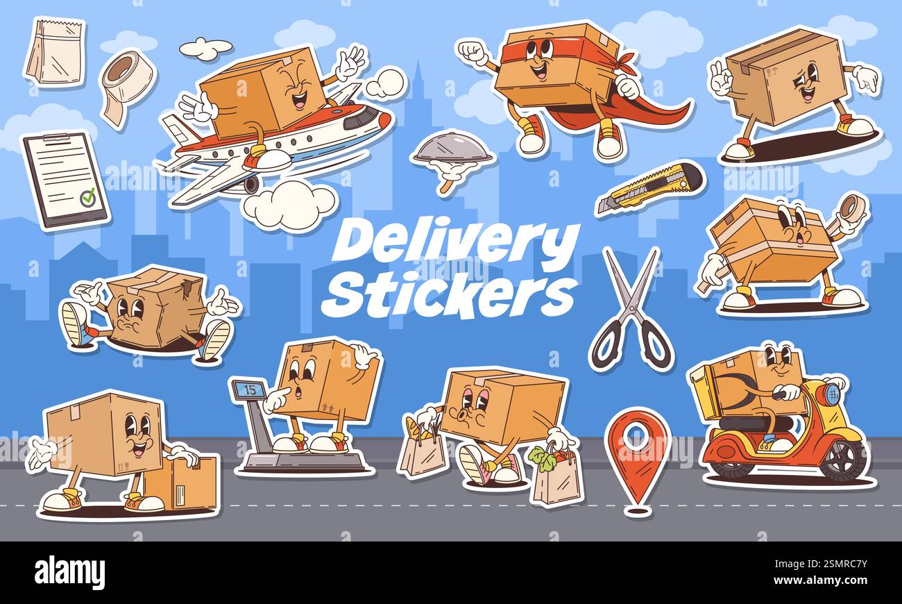 Stickers pack of groovy delivery cardboard box characters, vector funny ...