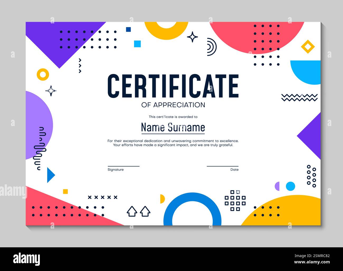 Appreciation certificate template with geometric Memphis shapes. Vector ...