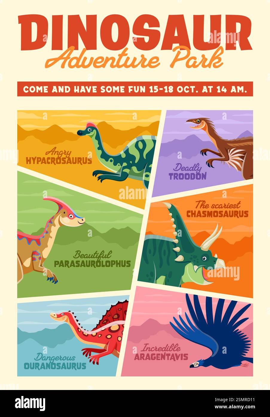 Dinosaurs adventure amusement park vintage poster with prehistoric ...