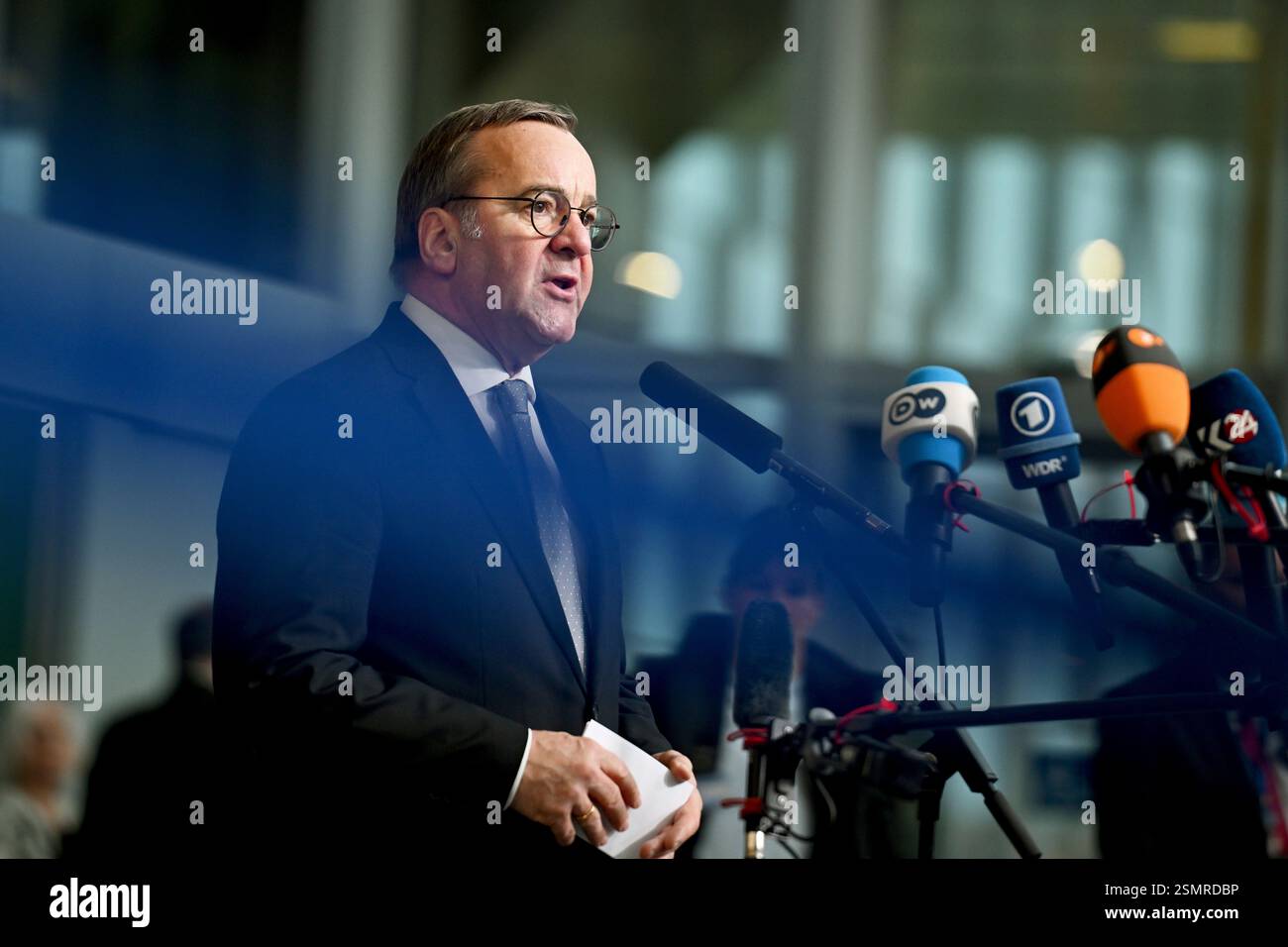 Germany's Defense Minister Boris Pistorius speaks with the media as he ...