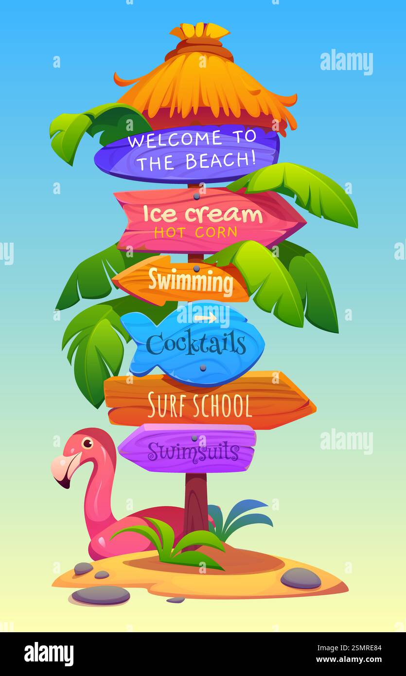 Summer beach wooden travel sign board, vacation signage. Cartoon vector ...
