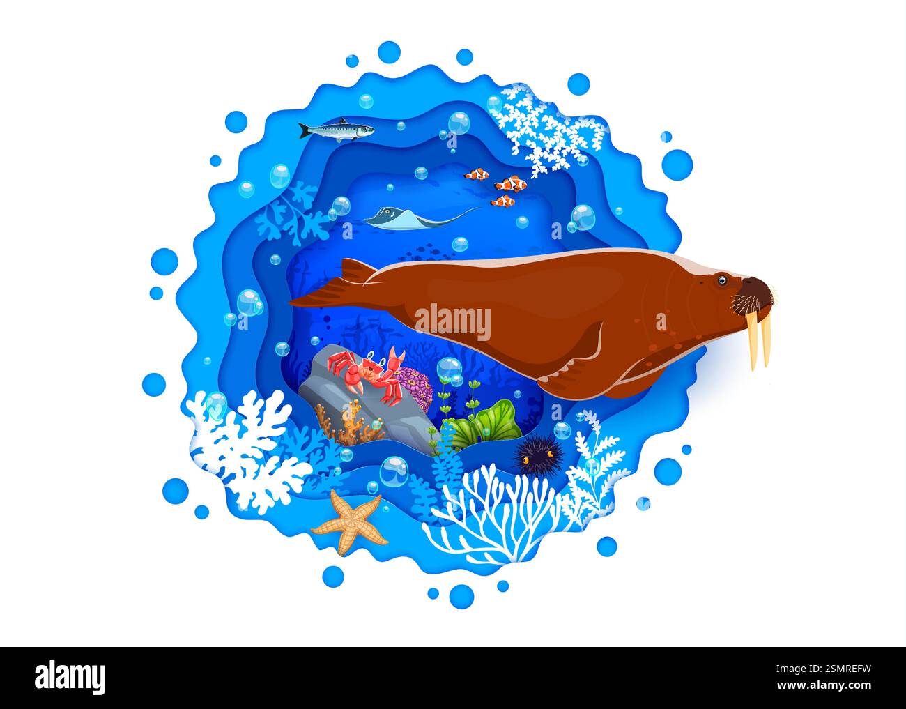Paper cut underwater landscape with sea walrus character, marine ...