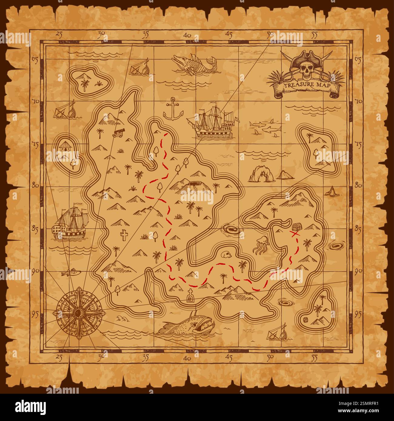 Vintage pirate treasure map. Vector worn parchment with ships, islands ...